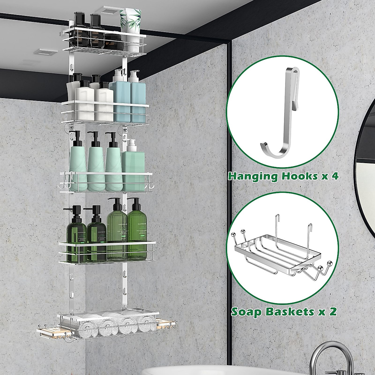 Over the Door Shower Caddy, 5-Tier Adjustable Hanging Shower Organizer Rustproof Metal Bathroom Storage Shelf Shower Basket with Soap Holder & Suction Cup for Shampoo, Conditioner, Sliver
