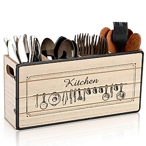 Noamus Kitchen Utensil Holder, 4 Compartment Wooden Cutlery Silverware Caddy, Rustic Flatware Organizers Countertop Decor with Handles, Cooking Tools Storage Box for Spoons, Knives, Forks