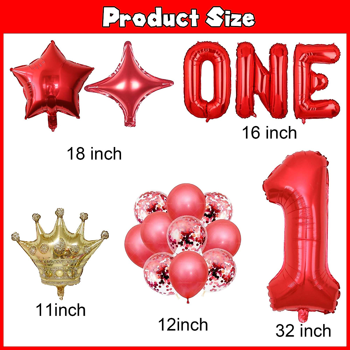 Red One Balloon for First Birthday, Red 1 Balloon with Confetti Balloons Set, Red Star Balloons, Crown Balloons for 1st Birthday Girl Decoration, Number One Balloon for 1st Birthday Balloons Décor