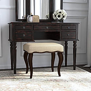 Hillsdale Furniture Hamilton Backless Vanity Stool, Burnished Oak Wood and Ivory Upholstery with Nail Head Trim