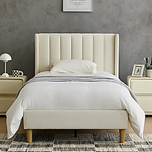 YUHUASHI upholstered Platform Bed Frame/Twin Bed Frame/Modern Geometric Double-Wing Design headboard/Velvet Fabric/Easy to Assemble no Noise (Cream, Twin)