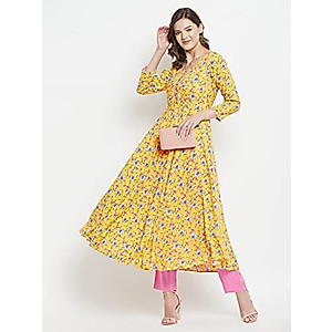 Tissu Women's Rayon Yellow & Pink Floral Printed A-Line Kurta 2136_Yellow_S