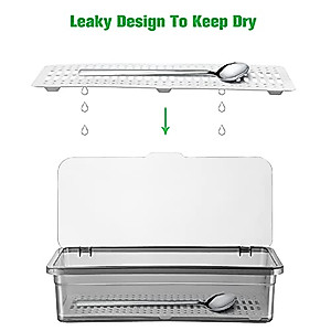 Tofficu Plastic Kitchen Cutlery Tray Flatware Tray Kitchen Drawer Organizer with Lid and Drainer Utensil Storage Container with Cover Proof Dinnerware Holder ( Grey )