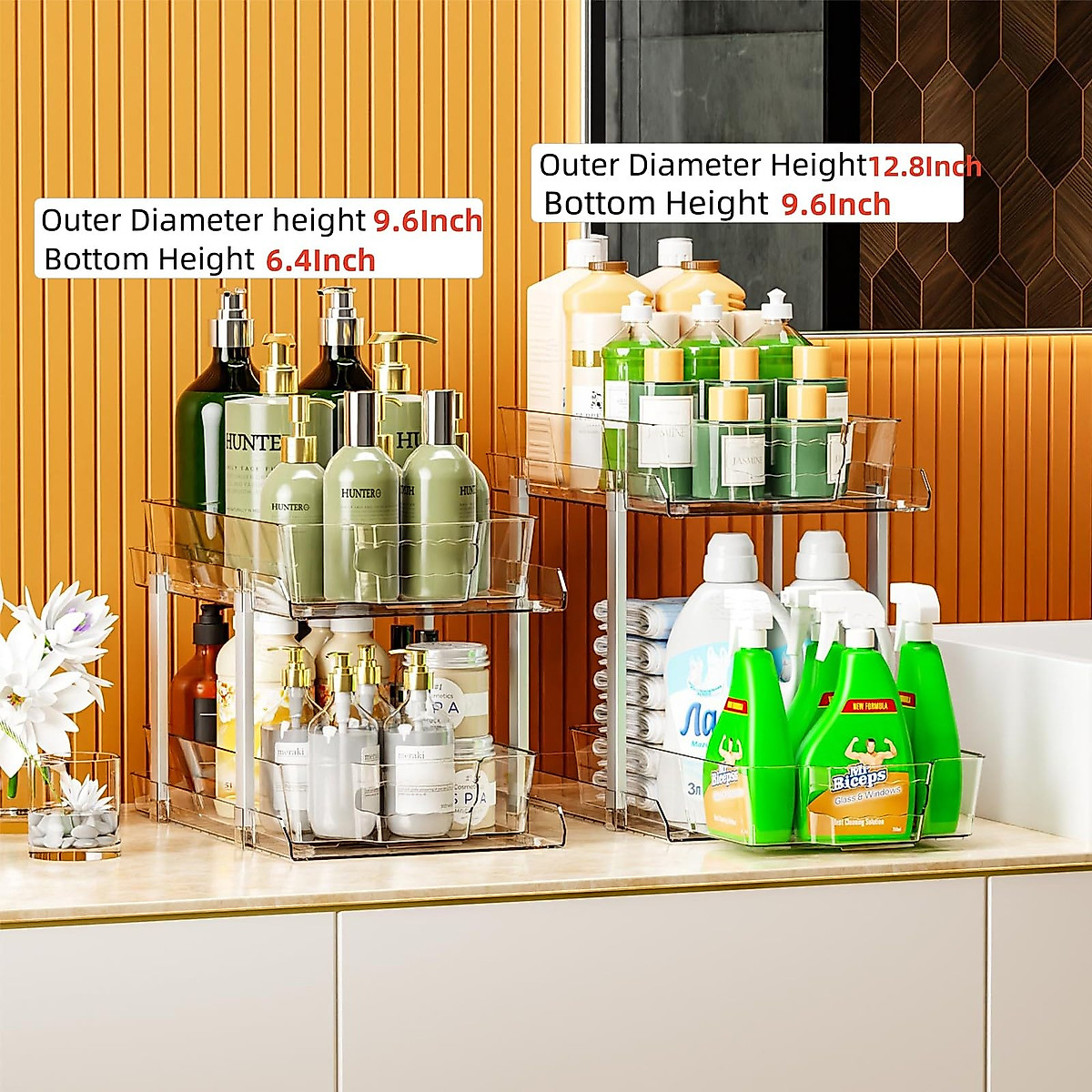 2 Pack Bathroom Cabinet Organizer,Clear 2 Tier Pull Out Under Sink Organizers and Storage,14.8 L*9.5 W*12.8 Tall Slide Out Kitchen Pantry Medicine Organization and Storage Shelves Bins with Dividers