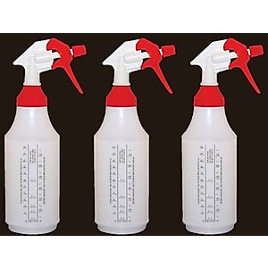 Spray Bottles with Large Top for Easy Filling, Reusable, 32oz, 3 Complete Bottles, with Scale on Side of Bottle for Easy Mixing, Part# WM83233-WM03-RED (Red & White Sprayer Top)