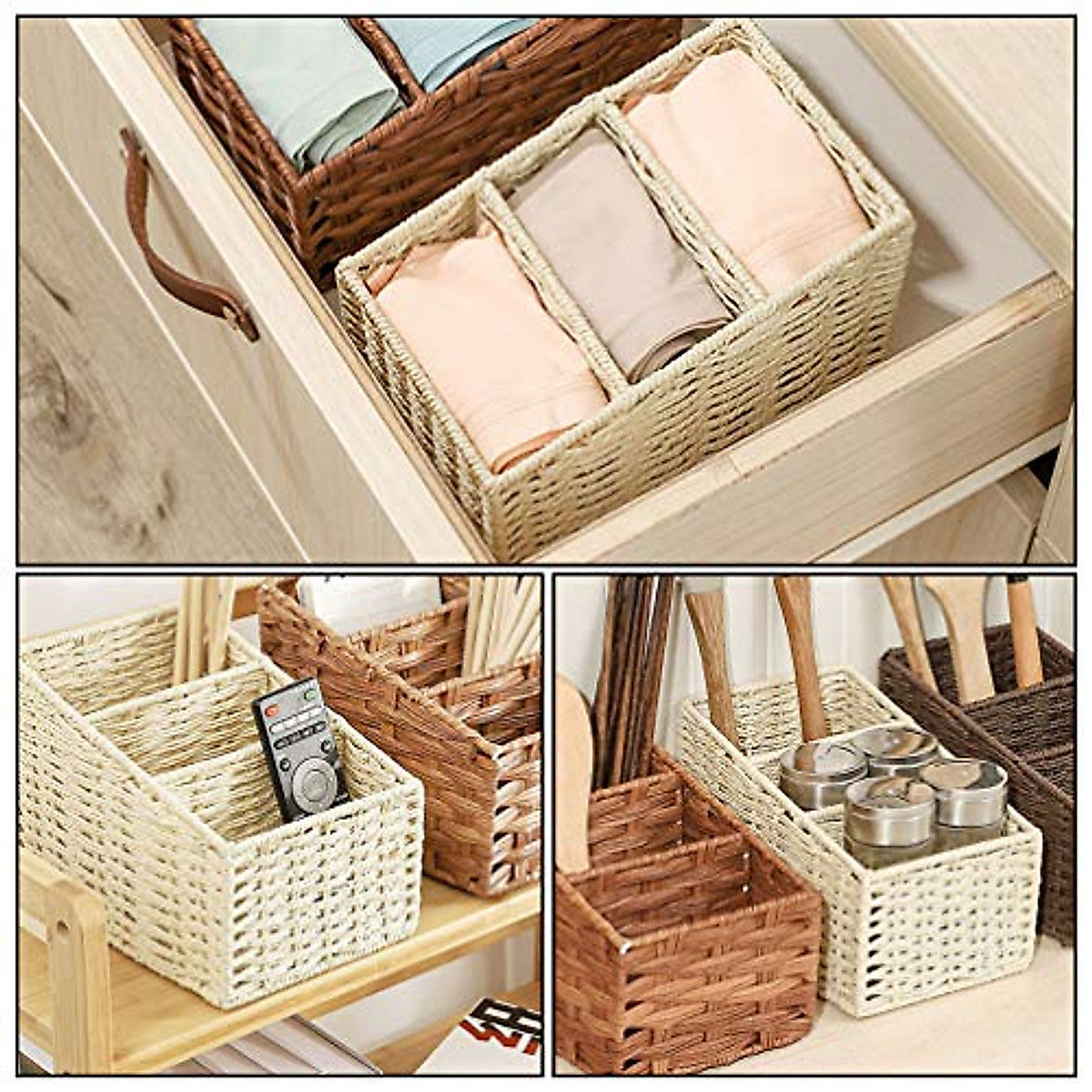 DOITOOL Wicker Storage Basket with 3- Compartment Magazine Hyacinth Basket Weave Organizer Baskets Desktop Storage Box Sundries Container Desk Basket Bins for Bathroom Office