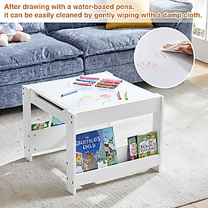 3 in 1 Kids Wooden Activity Table with Bookshelves, 2 in 1 Detachable Tabletop Construction Play Table for Toddlers Drawing, Reading, Crafts, Build Blocks (Grey & White)