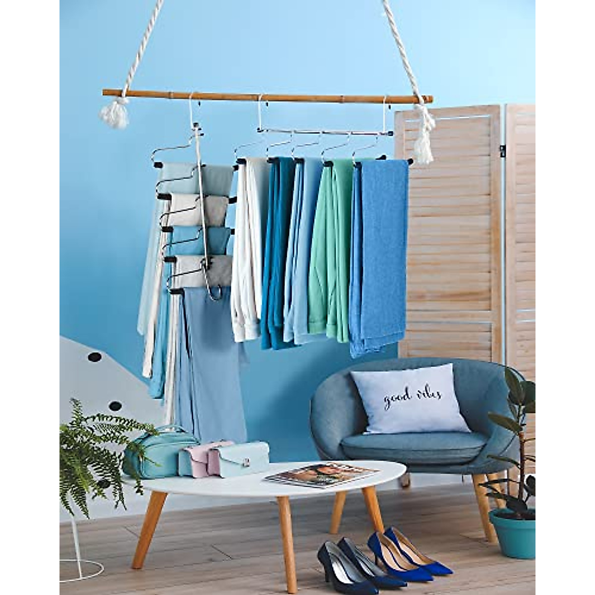 CINKSY Pants Jeans Hangers Space Saving 5 Layers Clothes Hangers with Non-Slip Foam Padded Swing Arm Trousers Hangers Heavy Duty Multi-Layer Pants Rack for Slacks Scarf - 2 Pack