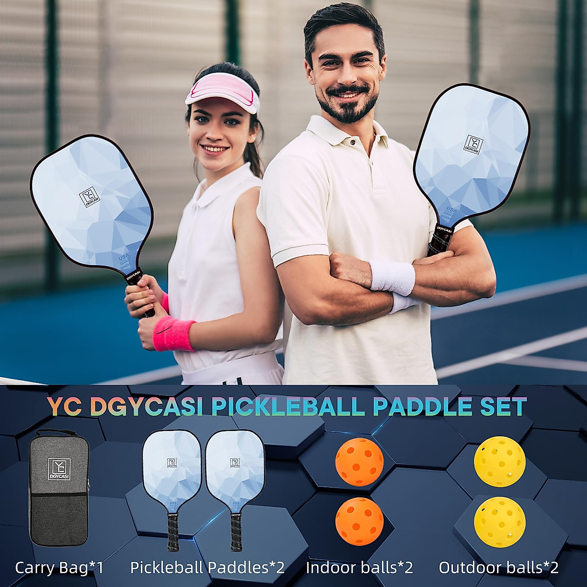Pickleball Paddles Set of 2, 2024 USAPA Approved, Carbon Fiber Surface (CHS), Polypropylene Honeycomb Core, Anti-Slip Sweat-Absorbing Grip, 4 Pickleball, Portable Carry Bag (Blue)