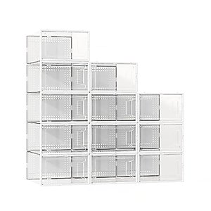 12 Pack Large Shoe Organizer Storage Boxes for Closet, Modular Space Saving Shoe Boxes Clear Plastic Stackable Sneaker Containers Display Case with Lids, White