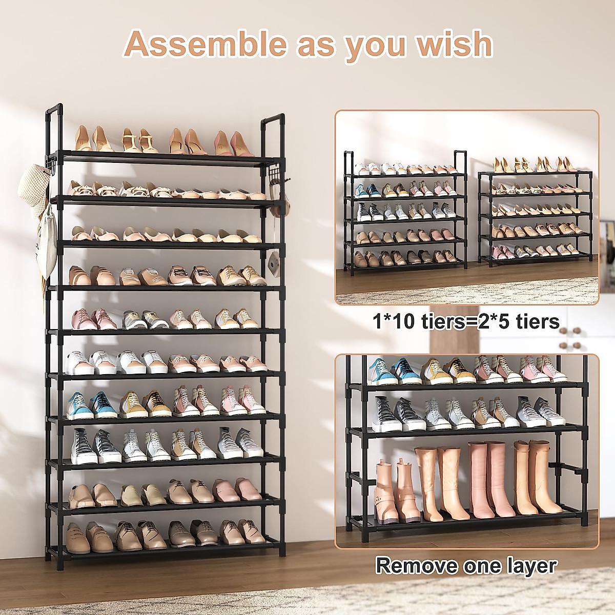 VTRIN 10 Tiers Shoe Rack Tall Large Capacity 50 Pairs Wide Shoe Organizer Sturdy Shoe Shelf for Entryway with Two Hooks Metal Shoe Storage for Closet, Bedroom, Black