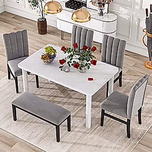 Zaboro 6-Piece Dining Table Set for 6 People, Wooden Kitchen Table Set with Marble Veneer Table and 4 Flannelette Upholstered Dining Chairs & Bench, Rustic Style Family Furniture, for Kitchen, Gray