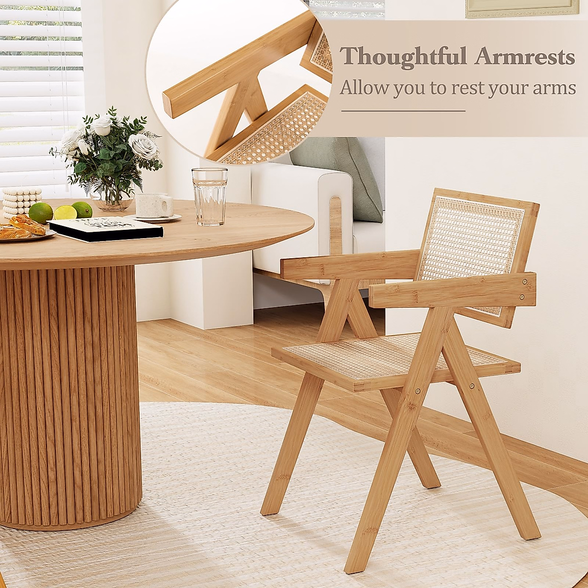 Giantex Boho Cane Dining Chairs Set of 2, Max Load 330 Lbs, Wooden Dining Chairs, Bamboo Accent Armchair for Living Room, Dining Room, Natural