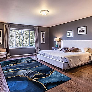 QINYUN Art Abstract Area Rug, Blue Marble Deep Gold Indoor Rug, Decorative Rug Non-Slip Soft Machine Washable, for Apartment Living Room Bedroom Dining Room-5ft×8ft