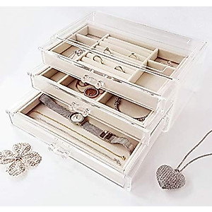 HerFav Acrylic Jewelry Organizer Box with 3 Drawers, Clear Jewelry Boxes for Women Earring Rings Bangle Bracelet and Necklace Holder Storage Velvet Jewelry Display Case