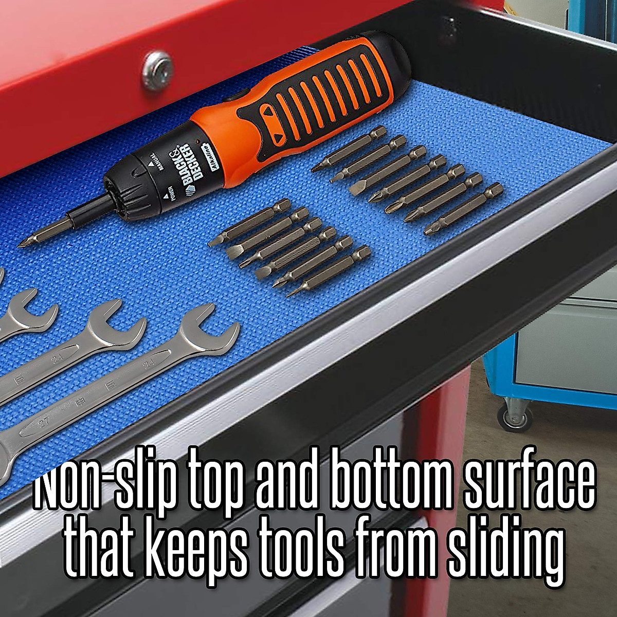 Reizen Tech Max-Tough Tool Box Liner-18 inches x 24 feet x 3mm - Stay-Put Surface Defends Against Wear and Tear - Keeps Tools Protected and Organized - Garage Shelves, Tool Chest, and Cabinets - Blue