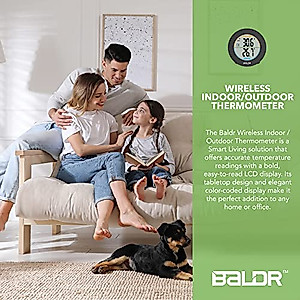 BALDR Wireless Indoor/Outdoor Thermometer - Surface or Wall Mounted Temperature Monitor, 2.5” LCD Display Thermometer with Min/Max Records & Trend Arrows Sign - Portable Home Weather Station (Black)