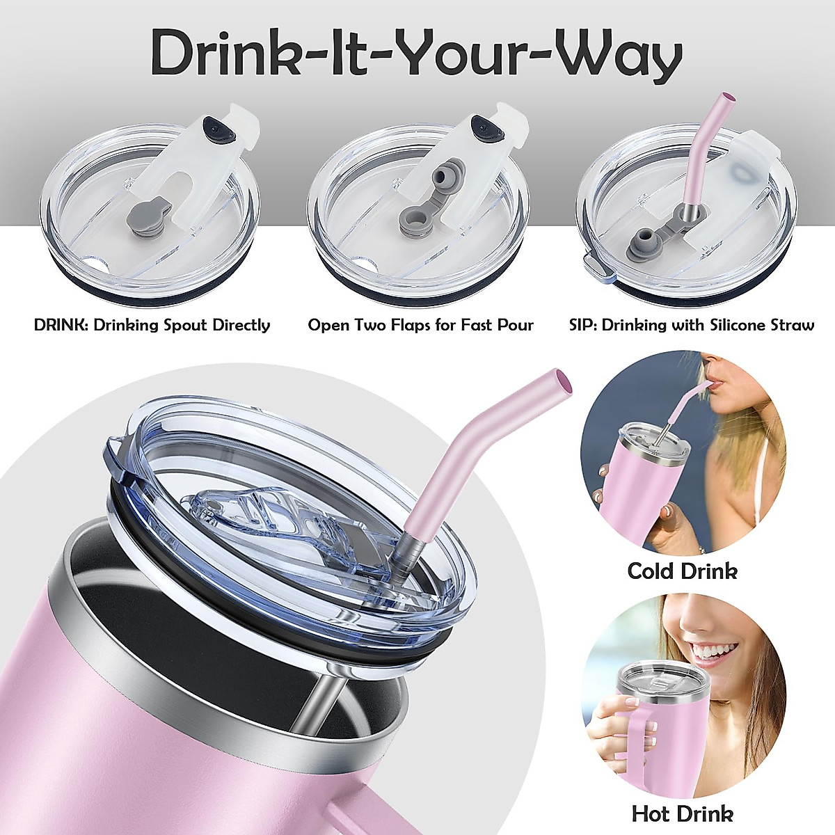 Hamino 30 oz Tumbler with Lid and Straw Handle, Double-Wall Vacuum Travel Coffee Mug with Handle, Stainless Steel Insulated Coffee Tumbler Mug Cup for Home Office Travel HOT COLD Drinks (Dream Pink)