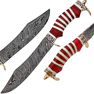 Damascus Steel Hunting Knife - Fixed Blade Knives with Sheath - Handle Combination of Walnut Wood and Camel Bone with Brass Spacer (RW)