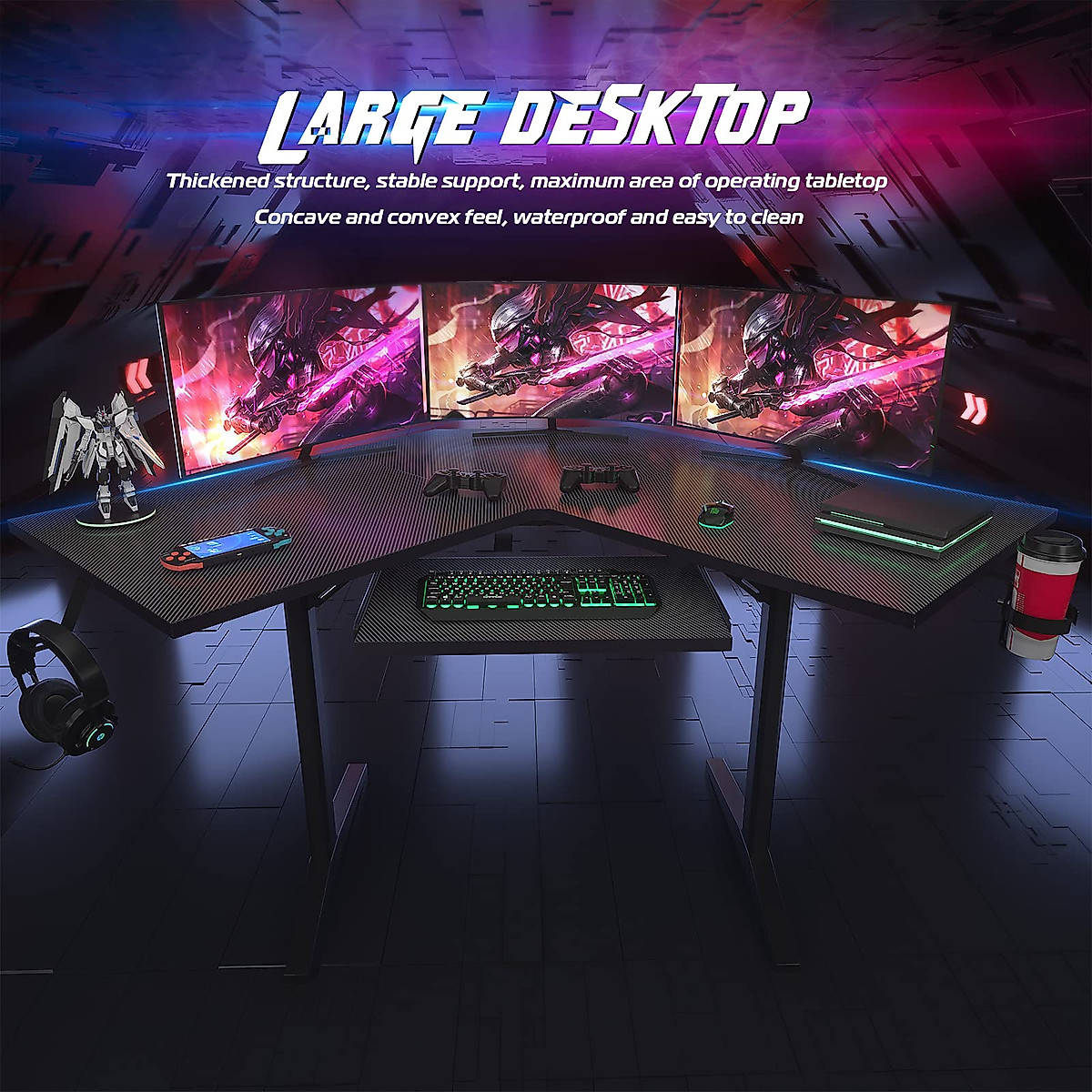 Ecoprsio L Shaped Gaming Desk Corner Gaming Desk, Gaming Computer Desk with Keyboard Tray, Large PC Gaming Desk Gamer Desk Workstation, Computer Gaming Desk Table with Cup Holder and Headphone, Black