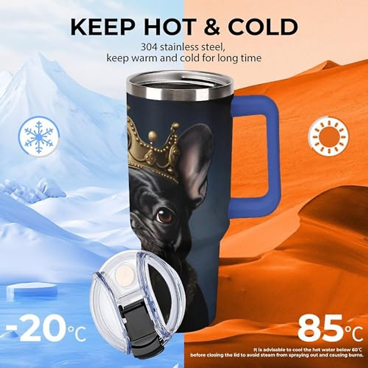 Funny French Bulldog Frenchie with A Golden Crowness 40 Oz Car Cup Stainless Steel Travel Mug Leak-Proof Insulated Tumbler with Handle Deep Blue-style