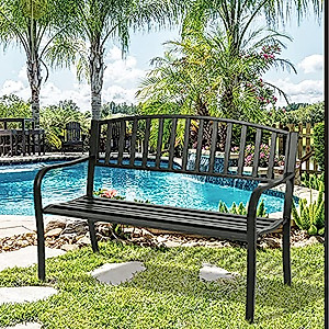 Tangkula 50 Inch Outdoor Steel Garden Bench Park Bench, Patio Chair Garden Bench with High Back & Rustproof Armrests, Ideal Bench for Lawn, Yard, Porch, Deck & Poolside