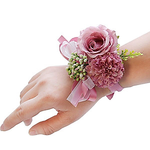 Axnhbubu 4Pcs Bridesmaid Purple Wrist Corsage Bracelet Wristlet Band Bridal Dusty Rose Corsage Girl Women Hand Flowers Boutonnieres for Wedding Prom Party Decorations
