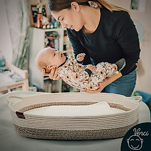 Baby Changing Basket for Dresser Top - 29.5 x 17 x 6 in, Organic Cotton Rope and Thick Removable Foam Pad, Portable Moses Basket Changing Basket for Babies, Waterproof Changing Pad
