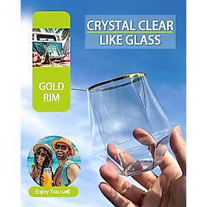 Maaacute 40 Pcak Plastic Stemless Wine cocktail Whiskey Champagne Glasses, 12 Oz Gold Rim Disposable Clear Unbreakable Cups for Party Bars Wedding Tasting (Diamond-shaped)