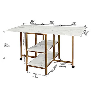 AT-VALY Folding Dining Table with 2 Storage Open Shelf,Drop Leaf Extension Dining Table,Top Folding 15.7" to 55.1" Kitchen Table (Gold)