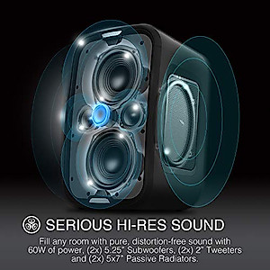 Brookstone Big Blue Go 60 Watt Wireless Indoor Outdoor Portable Speaker, Built in Qi Charging Pad, LED Light Show, Bluetooth 5.0, IPX5 Water Resistant, Tap to Link Multiple Speakers, Karaoke Mic Input