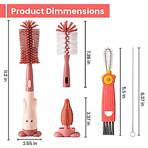 Ariseno 5-in-1 Baby Bottle Brush Set, Bottle Brush for Baby, Baby Bottle Scrubber, Including Silicone & Nylon Bottle Brush, Bottle Cap Brush, Straw Brush, Nipple Brush, BPA-Free (Red)