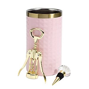 Paris Hilton Wine Bottle Chiller Set, Insulated Double Wall Chiller, Gold Winged Corkscrew Wine Bottle Opener, Diamond Wine Stopper, 3-Piece Set, Pink
