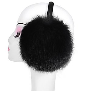 Bibury Real Fox Fur Earmuffs with Leather Band, Winter Ear Muffs, Cold Weather Head Warmer (Black)