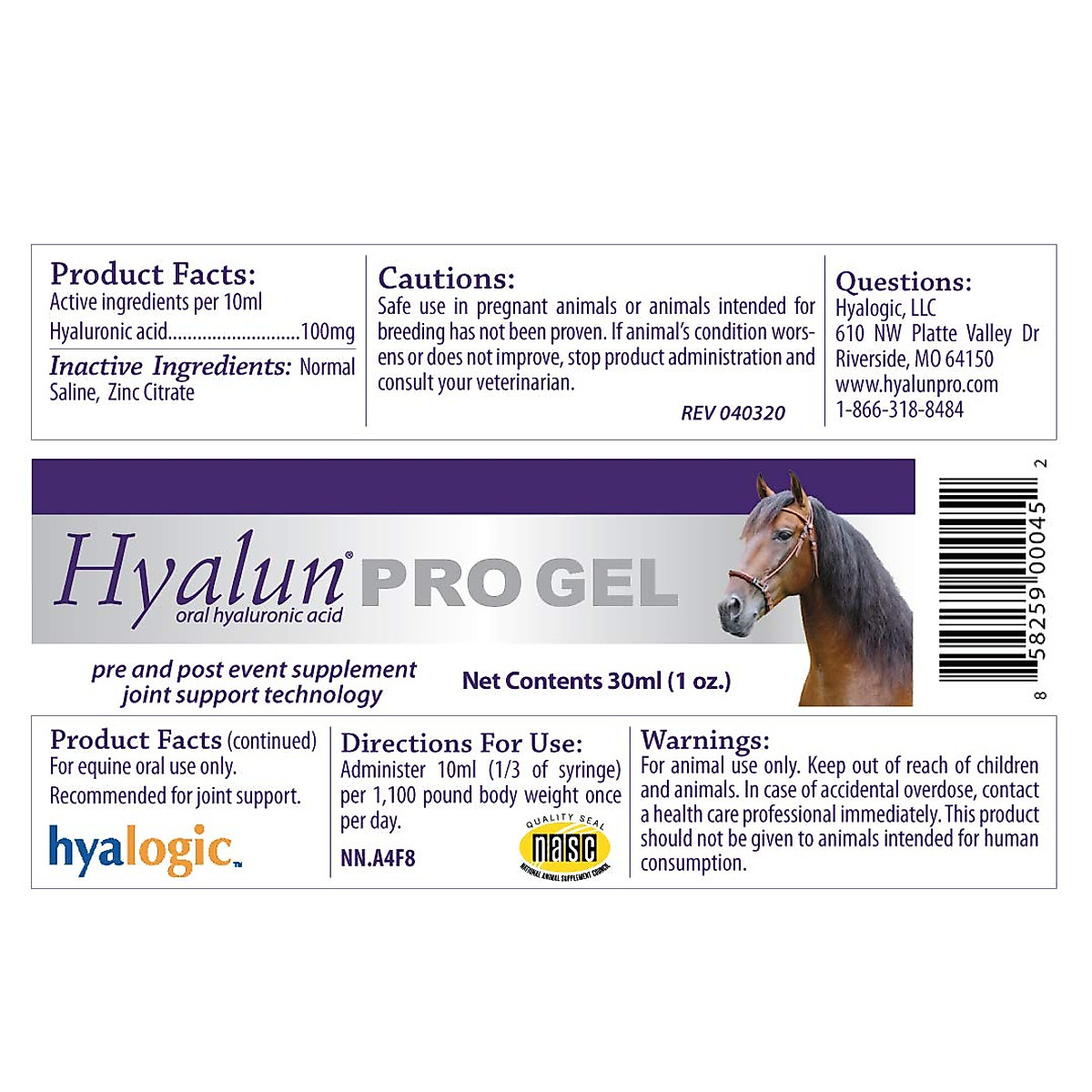 Hyalogic Hyaluronic Acid Gel for Horses Orally Administered with Syringe for Equine Joint & Cartilage Support - Hyalun Pro Gel - 1 oz / 30 ml (3 Full doses) - Pre- and Post-Event Booster