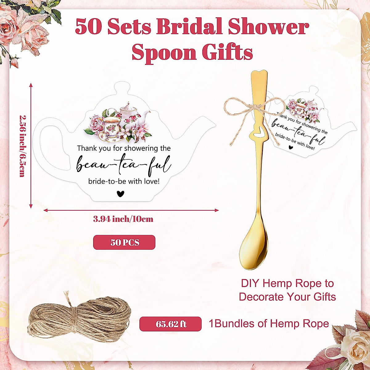 Skybooly 50 Sets Bridal Shower Tea Party Favors for Guests Mini Coffee Spoons Small Tea Spoons Heart Spoon with Teapot Idea Thank You Cards and Hemp Rope Wedding Souvenirs Tea Party Supplies