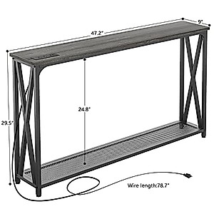 Karcog Narrow Console Table with Recessed Power Strip, 47 Inch Sofa Entry Table with 2 AC Outlets & 2 USB Ports, Industrial Farmhouse Style Accent Hallway Table for Living Room, Grey Oak