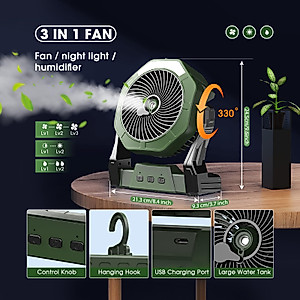 Ausic 10W Misting Solar Fan, 10000mAh Camping Fan Portable with Solar Panel & 250ml Water Tank, 8 Inch Battery Operated Rechargeable Cooling Fan with Hook, Outdoor Tent Fan for Travel