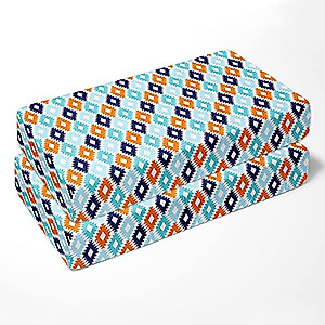 Bacati Liam Aztec Kilim Cotton Percale Crib/Toddler Bed Fitted Sheets 2 Piece, Aqua/Orange/Navy