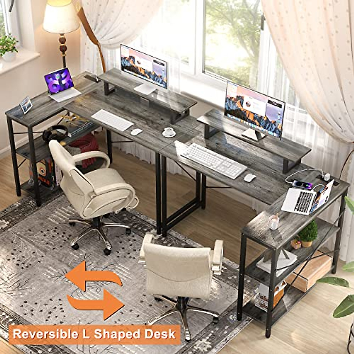 Homieasy L Shaped Computer Desk with LED Strip & Power Strip, 47 Inch Corner Desk with Monitor Stand Reversible Storage Shelves, Modern Simple Home Office Gaming Desk with Storage Bag(Black Oak)