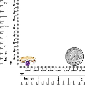 18K Yellow Gold Plated Silver Purple Amethyst and White Moissanite Wedding Engagement Band Bridal Set Ring For Women (1.49 Cttw, Gemstone February Birthstone, Available In Size 5, 6, 7, 8, 9)