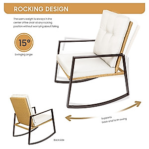 YIYAN 3 Pieces Patio Bistro Set Outdoor Rattan Wicker Rocking Chairs Set,Patio Outdoor Furniture Conversation Sets with Sofa Chairs,Glass Coffee Table and Washable Cushion (Light Beige)