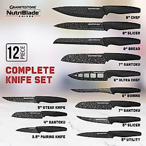 Nutriblade 12 Piece Knife Set with Block by Granitestone High-Grade Professional Chef Knife, Santoku Knives, Kitchen Knife with Easy-Grip Handles Stainless Steel Blades Dishwasher-Safe As Seen On TV