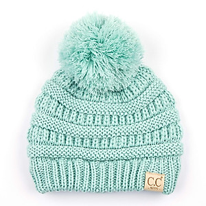 C.C Kids Beanie Ages 2-7 Warm Chunky Thick Stretchy Knit Slouch Beanie Skull Kids Hat with Pom (YJ-847-POM) (Mint)