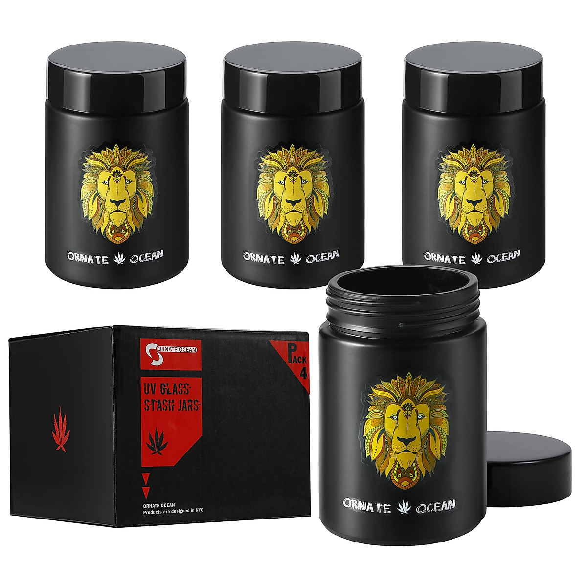 Ornate Ocean 4-Pack 250ml UV Glass Stash Jars Lion King - 4 Piece Set Multipurpose Storage Containers - Convenient Airtight Smell Free Screw Top Lid Jars Preserves and Secures Your Herbs