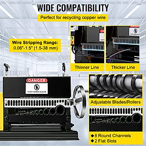 BestEquip Wire Stripping Machine 0.06" -1.5",Automatic or Hand-crank Wire Stripper Machine 11Holes & 10 Blades, Automatic Wire Stripping Tool Motor Rated Speed 1400Rpm,for Recycling Copper Wire