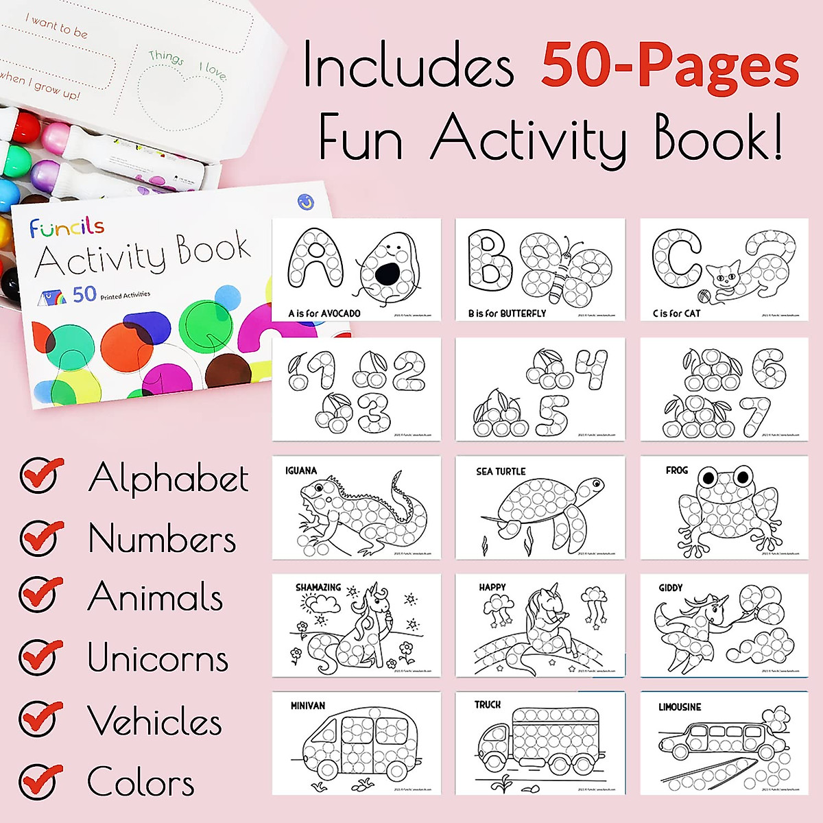 Funcils 10 Washable Dot Markers for Toddlers - Non Toxic Paint Dotters & Bingo Markers - Dot Markers for Kids & Preschoolers | Dabber Markers for Kids | Fun Dot Art Supplies with 50 Activity Sheets