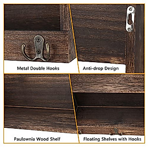 Towel Racks for Bathroom 2 Tier Farmhouse Wooden Bathroom Shelf with Double Towel Hooks Rustic Floating Shelves for Bathroom Kitchen Home Office Rustic Brown