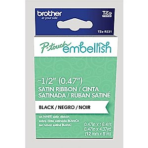 Brother P-touch Embellish Black Print on White Satin Ribbon TZER231 – ½” Wide x 13.1’ Long for use with P-touch Embellish Ribbon & Tape Printer