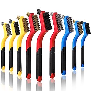 9 Pcs Wire Brush Set Nylon Brass Stainless Steel Bristles with Curved Handle Grip, Wire Cleaning Brush Scratch Brush for Rust Remover Dirt Paint Removal Clean
